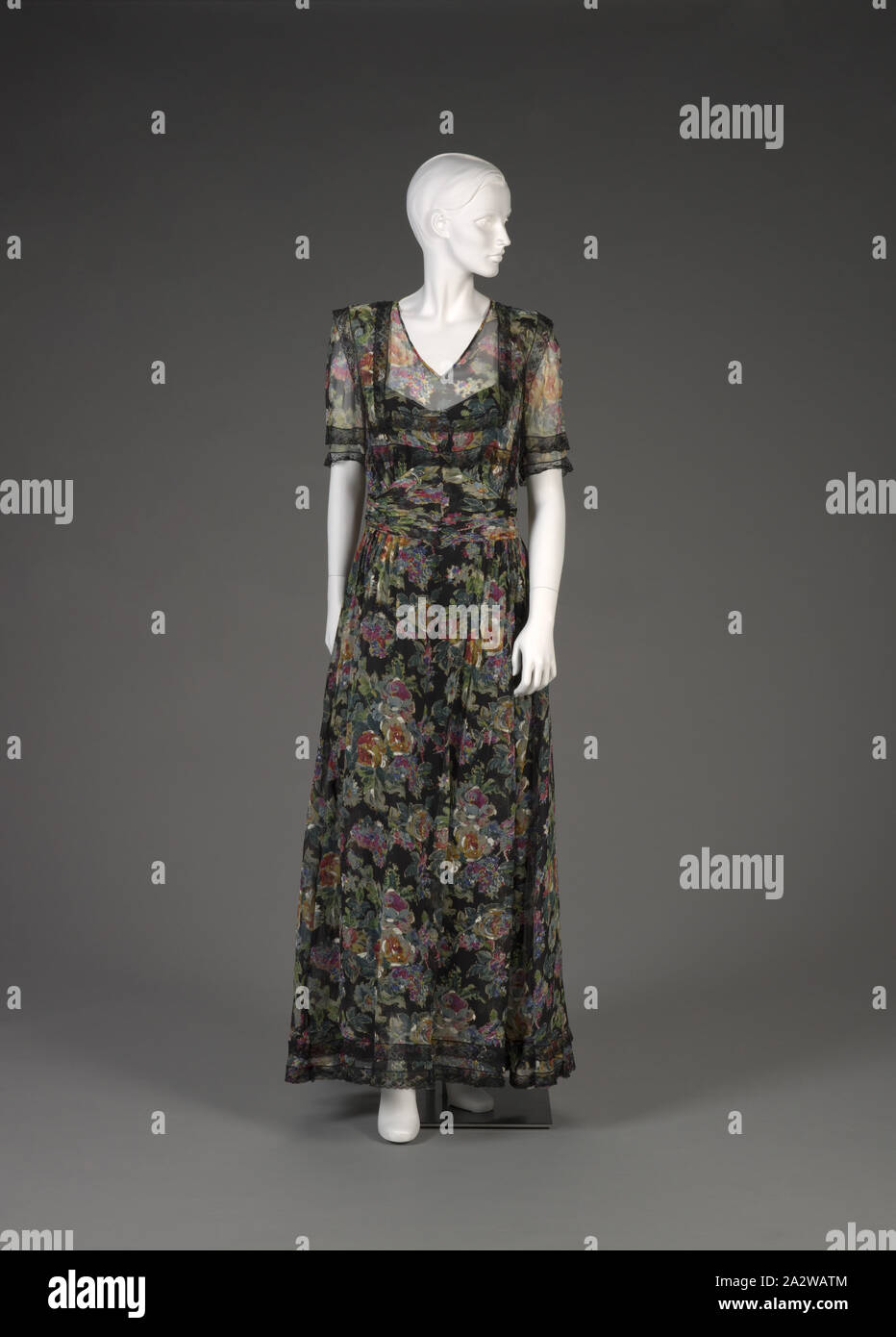 dress, 1930s - 1940s, silk chifffon, nylon netting, lace, center back ...