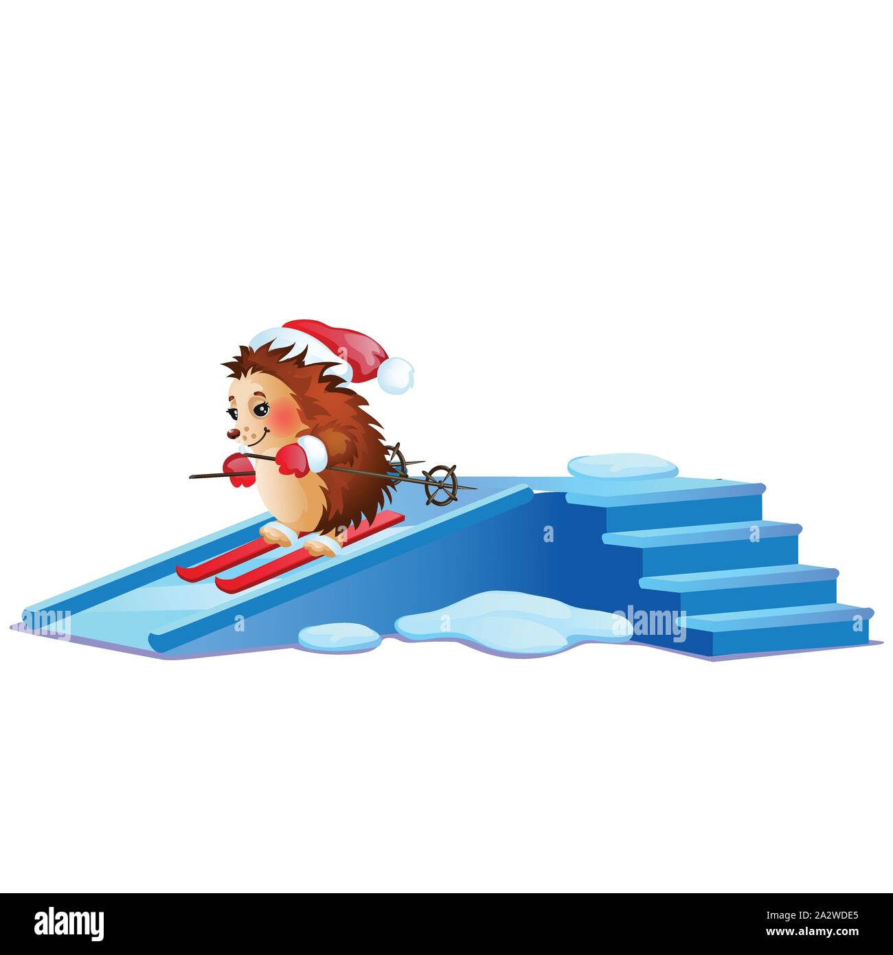 Funny hedgehog skiing on ice slides isolated on white background ...