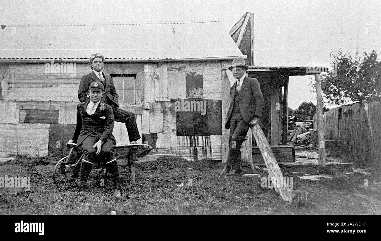 Negative - Two Men & a Boy Outside a Settler's Hut, Mafeking, Victoria ...