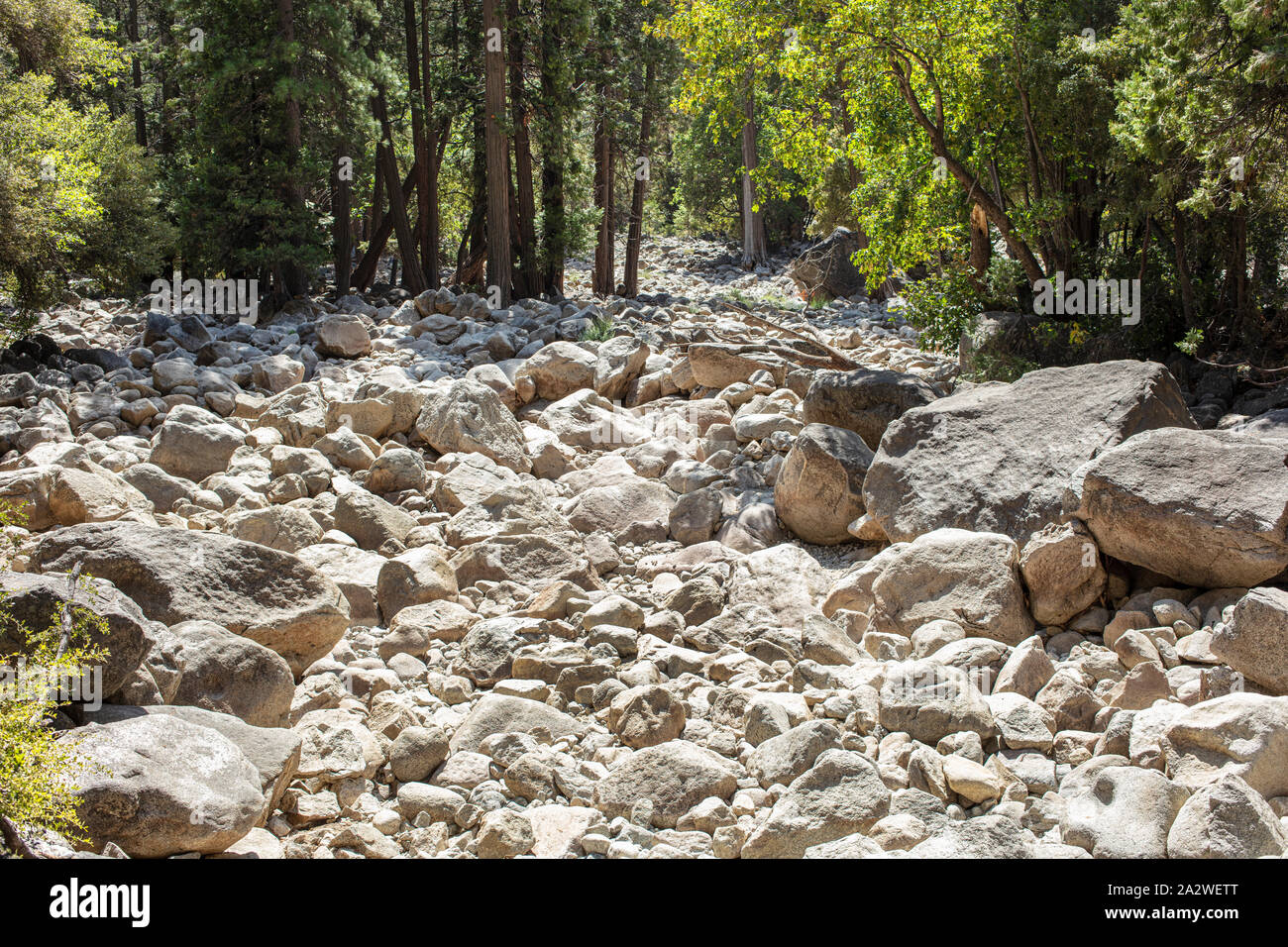 Dried up river bed and boulders exposed in Yosemite Valley California ...