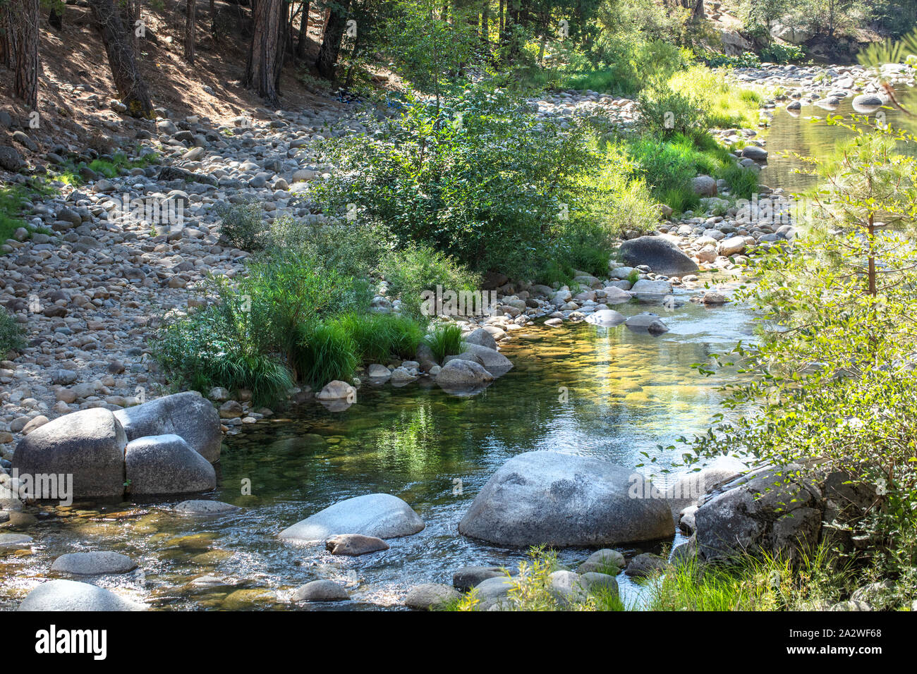 Rocky riverbed with flowing water in Ysoemite California Stock Photo ...