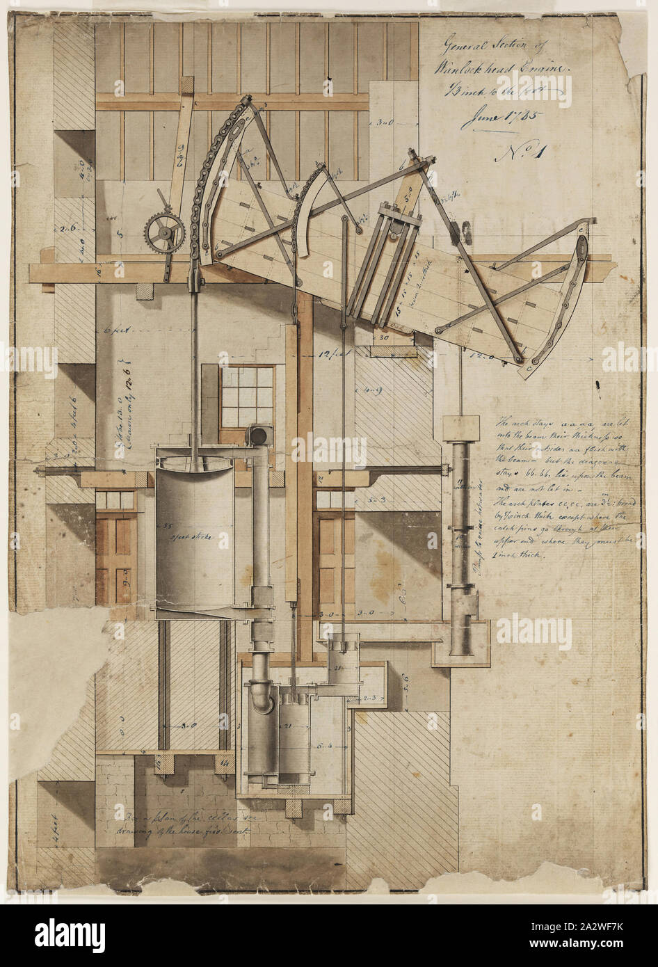 Engineering Drawing - James Watt, General Section of Wanlockhead Engine ...