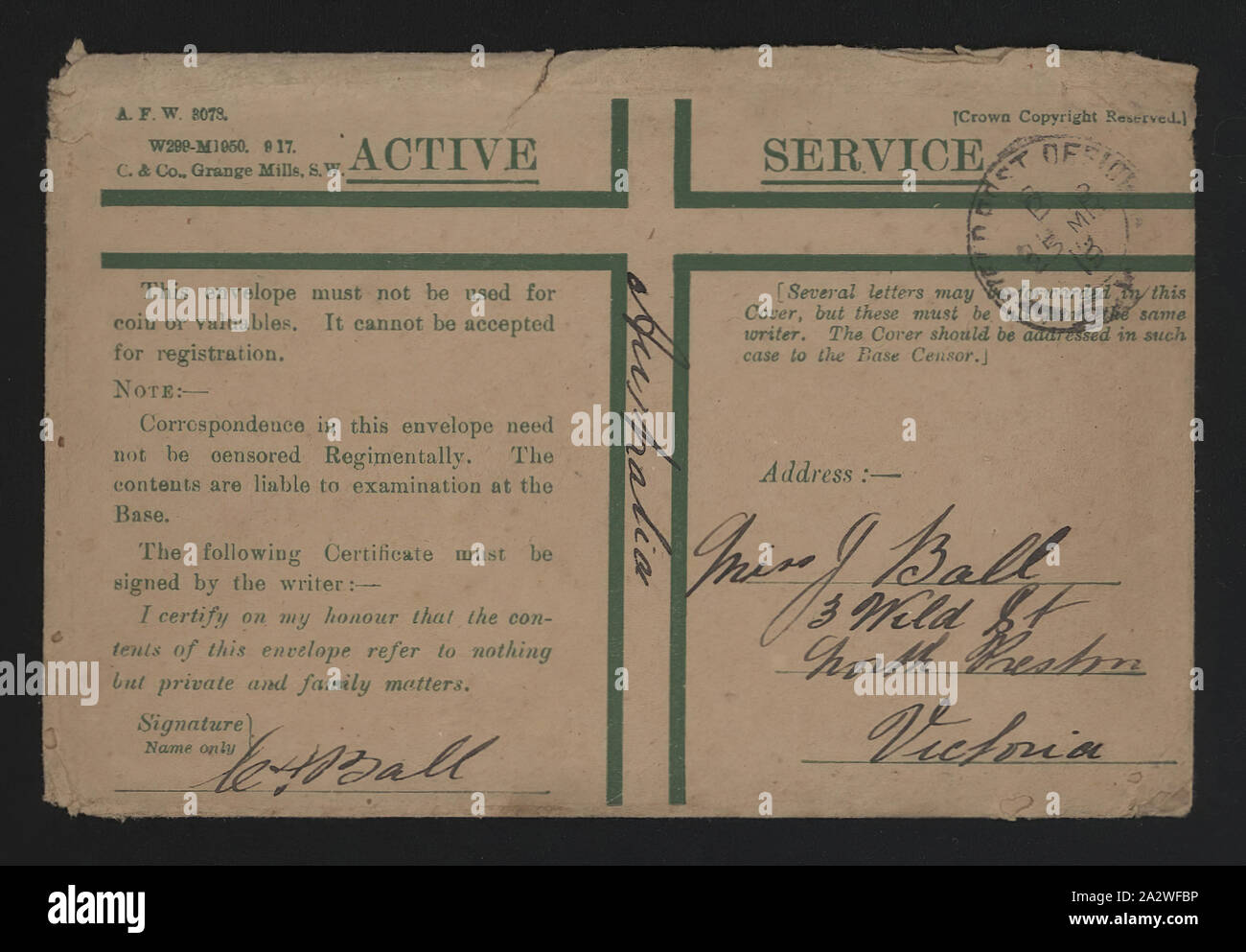 Envelope - Australian 'Active Service', circa 1919, Green printed ...