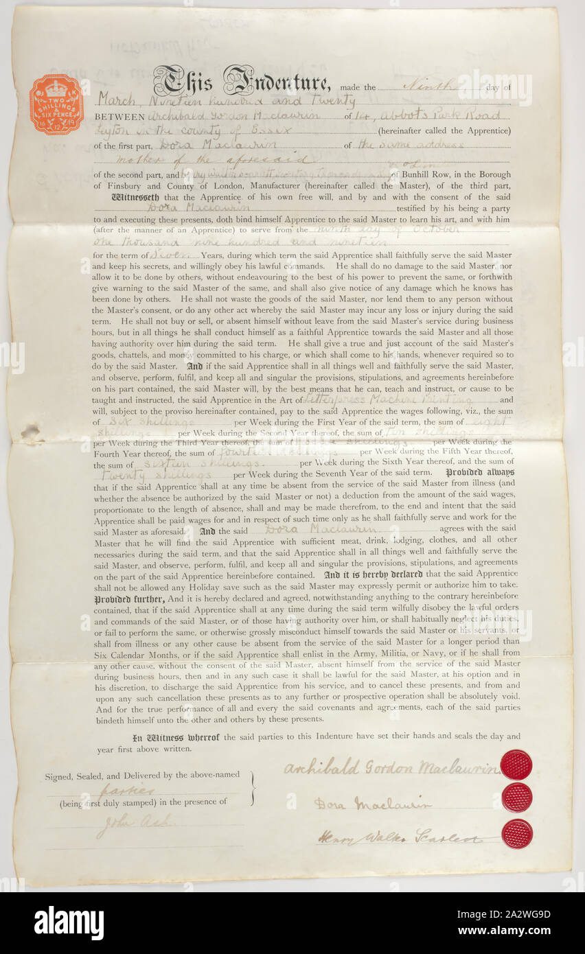 Indenture - Apprenticeship, AG Maclaurin, 9 Oct 1919, Indenture for ...