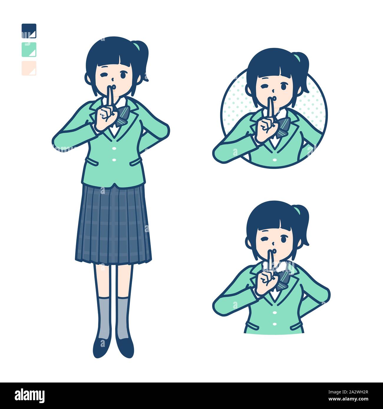 A student girl in a green blazer with be quiet hand sign images. It's ...