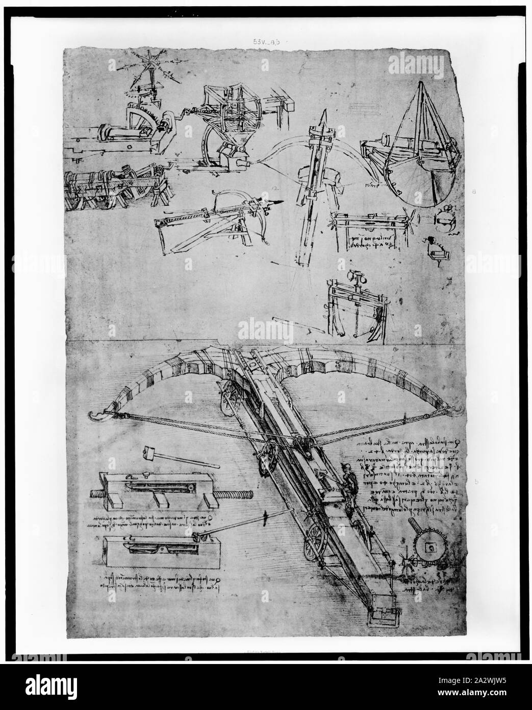 Reproduction of page from notebook of Leonardo da Vinci showing giant ...