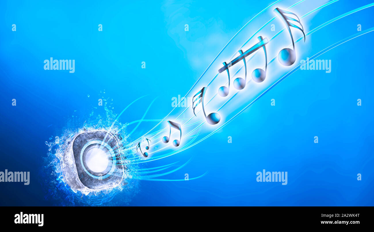 Music notes coming out from a speaker. Speaker on water pool, music ...