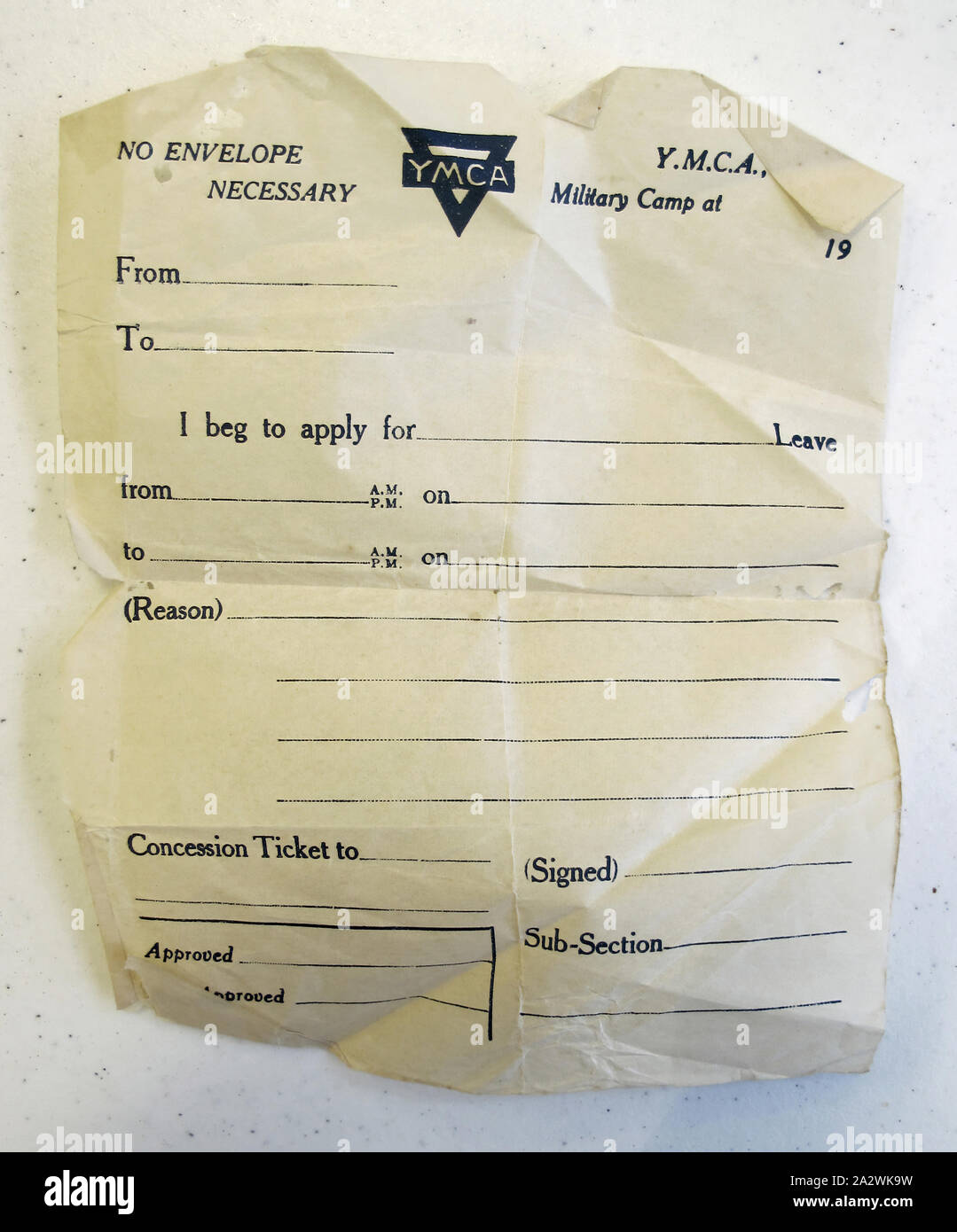 Leave Application - YMCA Military Camp, World War I, 1916-1918, Blank ...