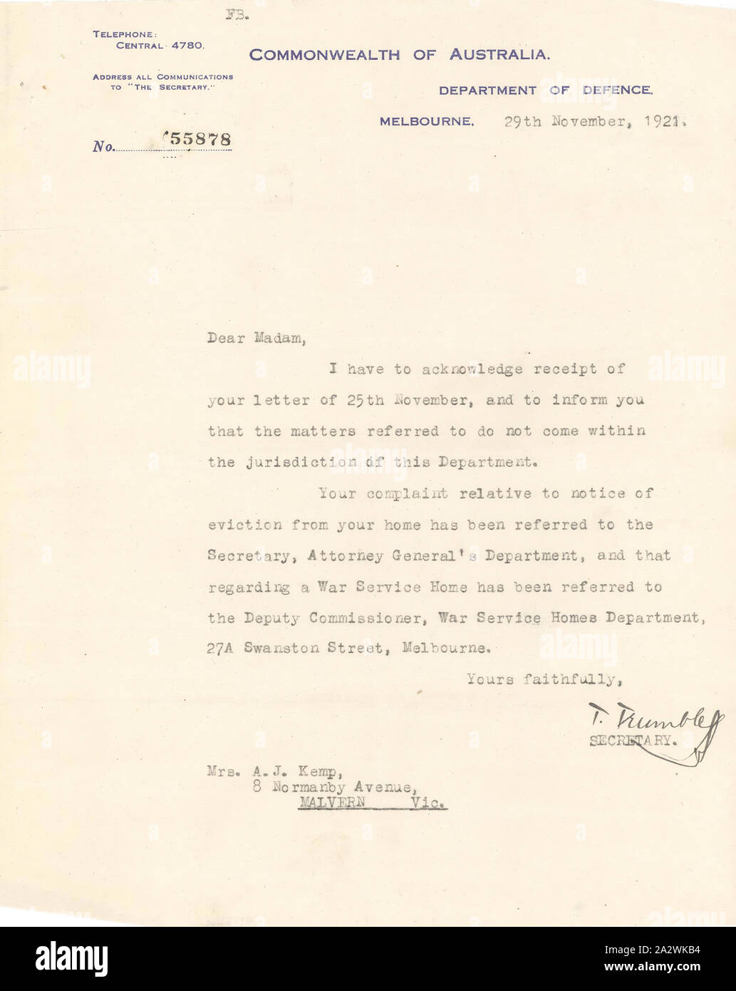 Letter - Department of Defence to Mrs A. J. Kemp, Eviction from Home ...