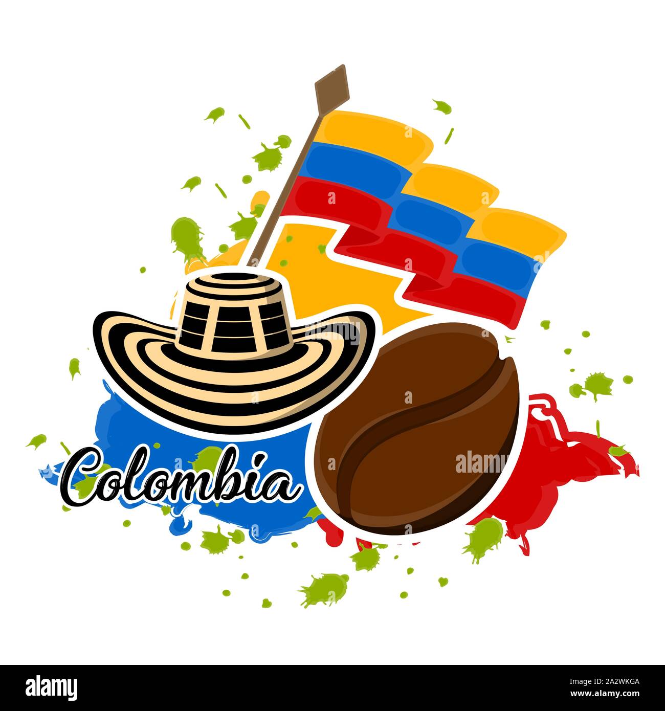 Flag of Colombia, coffee bean and sombrero vueltiao. Representative ...