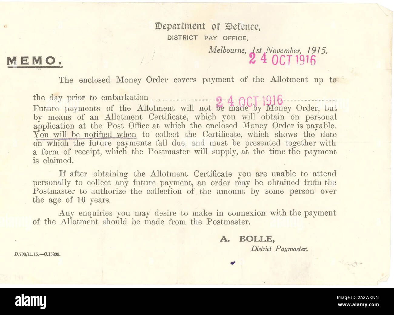 Memo - Department of Defence, District Pay Office, Money Order, 24 Oct ...