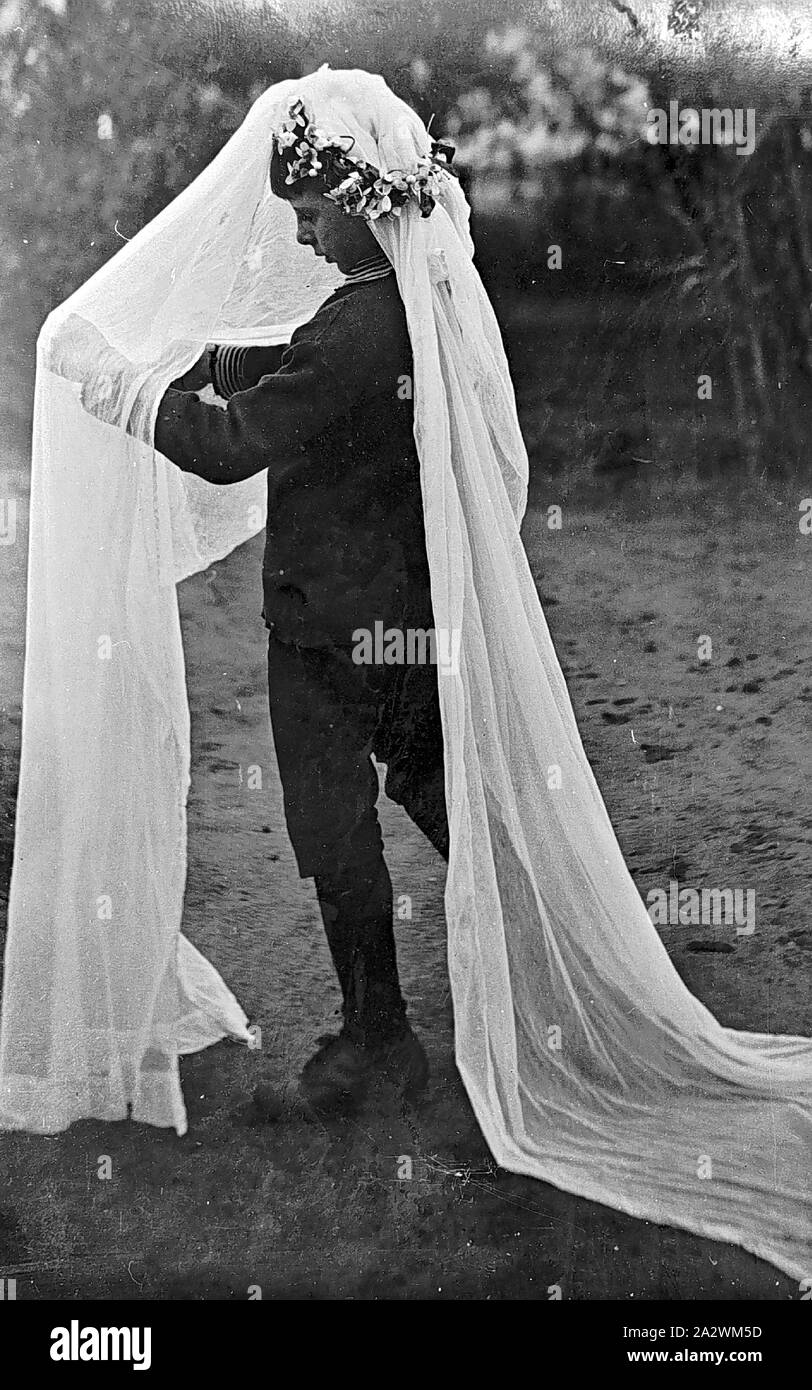 Negative - Boy Wearing a Bridal Veil, Merrigum, Victoria, 1910, A boy ...