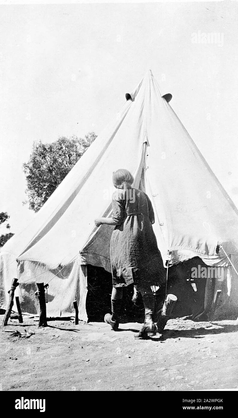 Negative - Piangil North, Victoria, 1921, A woman entering a bell tent ...