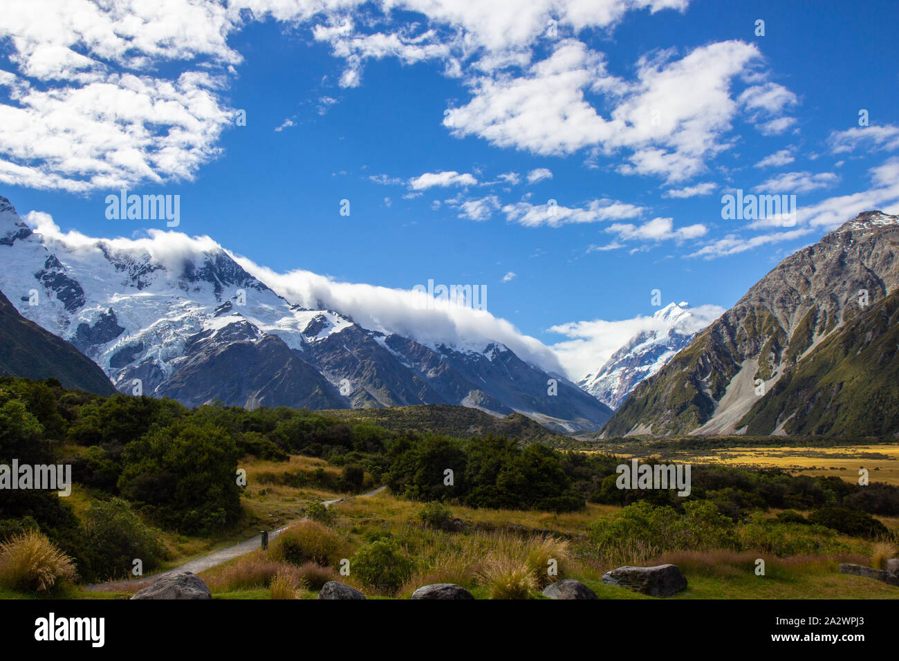 view of Mount Cook and surrounding mountains from Aoraki Mount Cook ...
