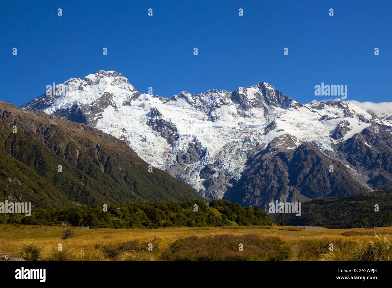 view of Mount Cook and surrounding mountains from Aoraki Mount Cook ...