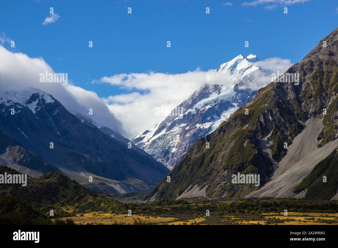 view of Mount Cook and surrounding mountains from Aoraki Mount Cook ...
