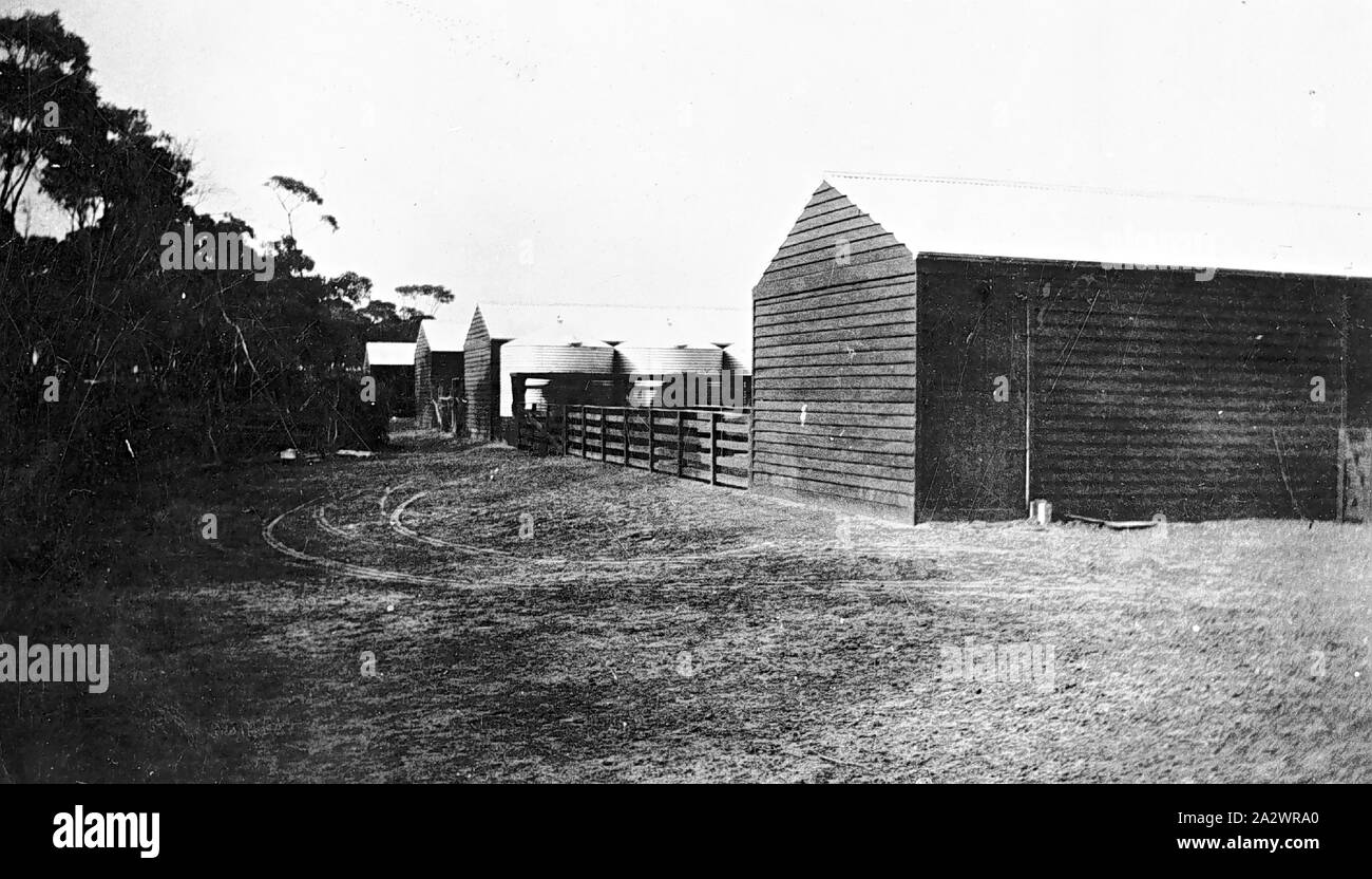 Negative - Manangatang, Victoria, circa 1935, Machinery sheds on 'Pine ...