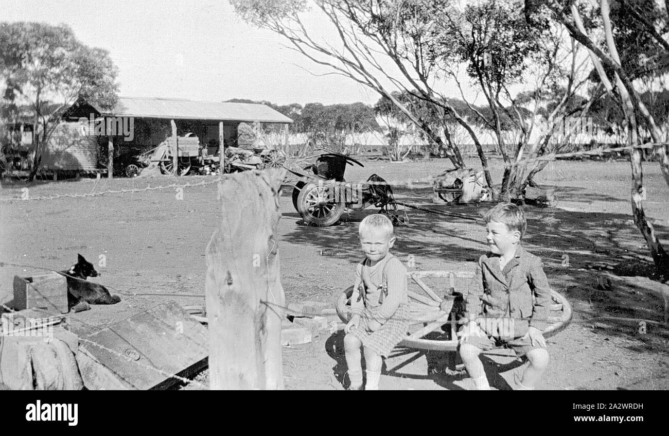 Negative - Manangatang, Victoria, 1932, Two small boys seated on a ...