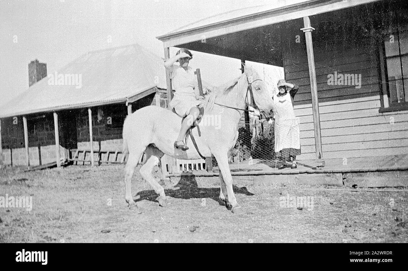 Negative - Glengower, Victoria, 1936, A woman on horseback in front of ...