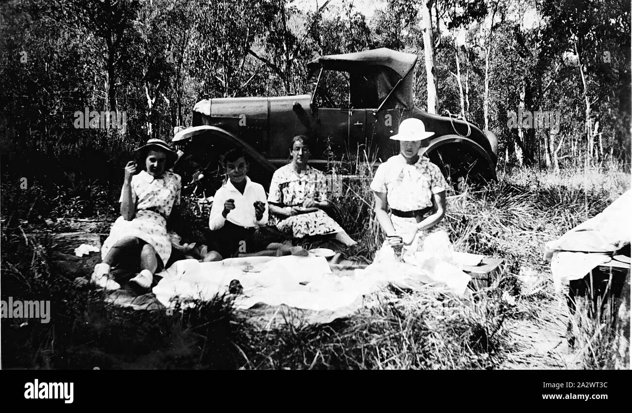 Negative - Ferntree Gully, Victoria, 1937, Three women and a boy at a ...