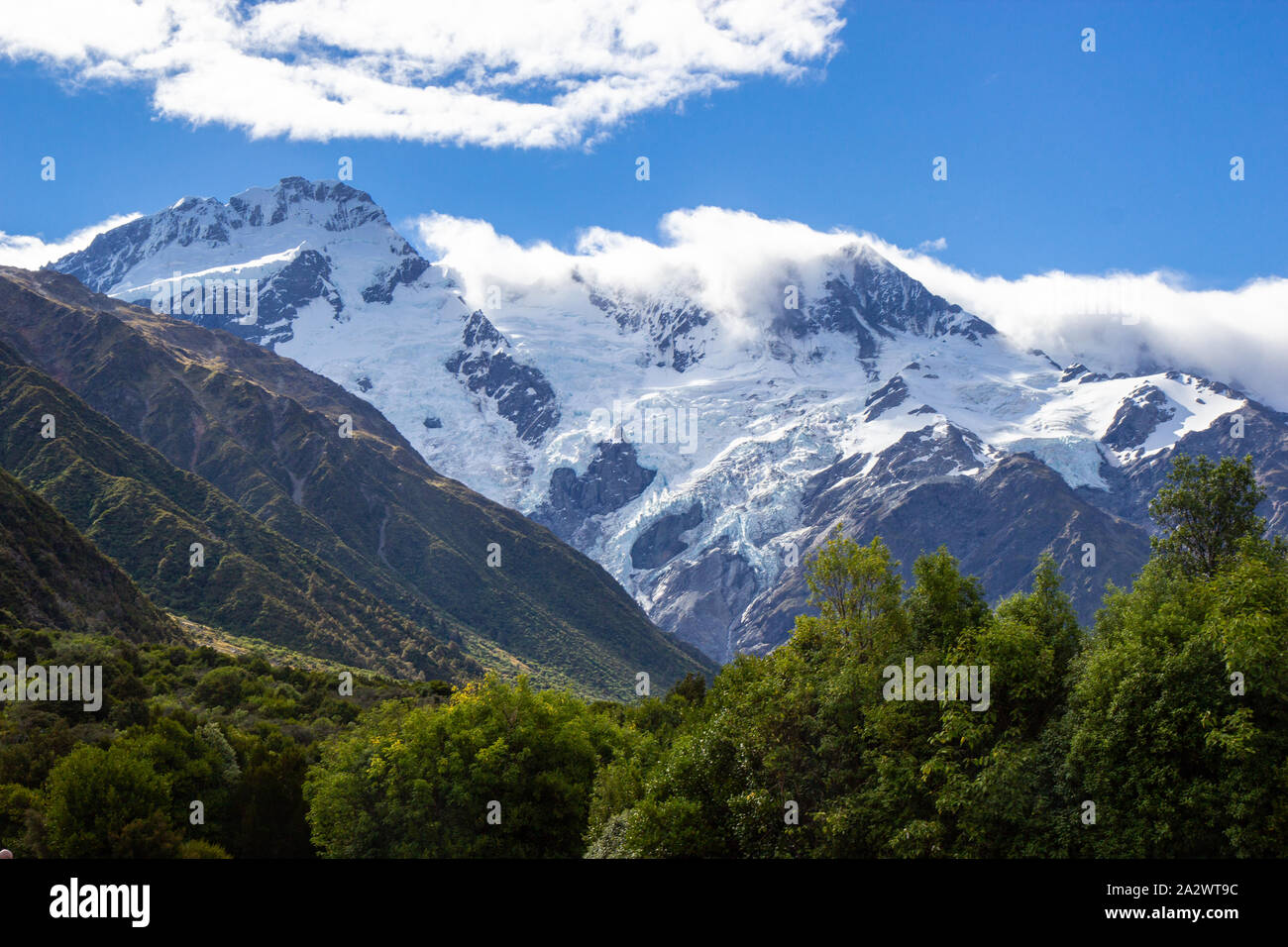 view of Mount Cook and surrounding mountains from Aoraki Mount Cook ...