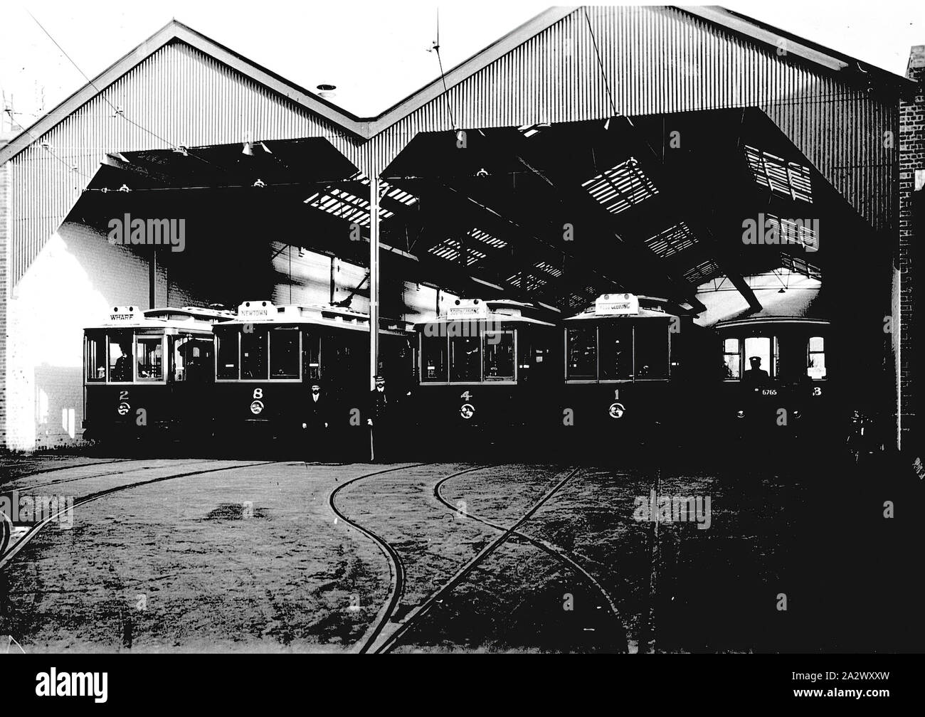 Negative - Geelong, Victoria, circa 1912, Trams in the tram depot Stock ...