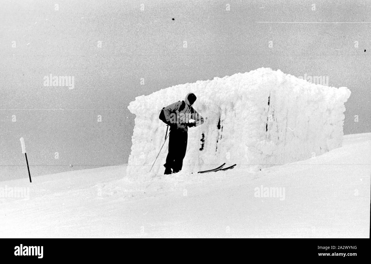 Negative - Mount Bogong, Victoria, 1951, A skier by the summit hut on ...