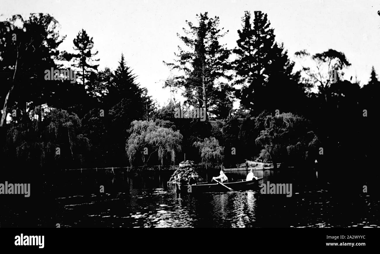 Negative - Creswick (?), Victoria, circa 1935, People rowing on a lake ...
