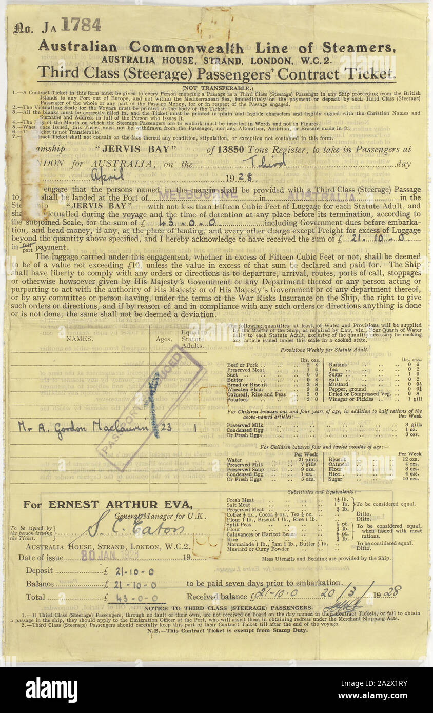 Passenger Contract Ticket - Jervis Bay, Third Class, 3 Apr 1928, Third ...