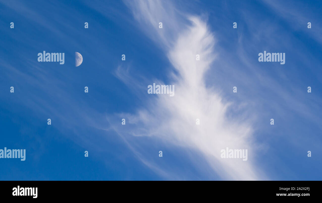 First quarter Moon during daytime with blue sky and Cirrus clouds Stock ...