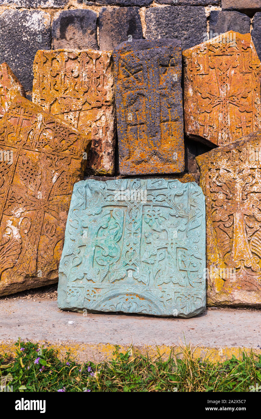 Armenia. Sevan. Carved stone tablets outside of the church of Surp ...