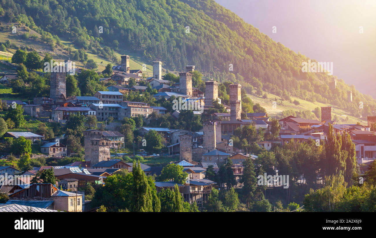 Areal view of beautiful old village Mestia with its Svan Towers. Great ...
