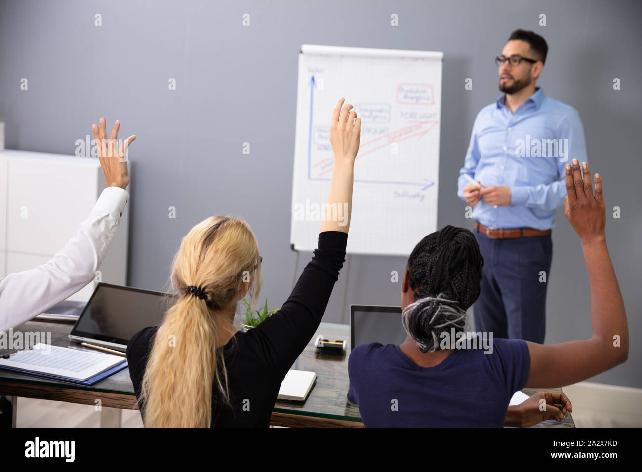 Employee raising hand hi-res stock photography and images - Alamy