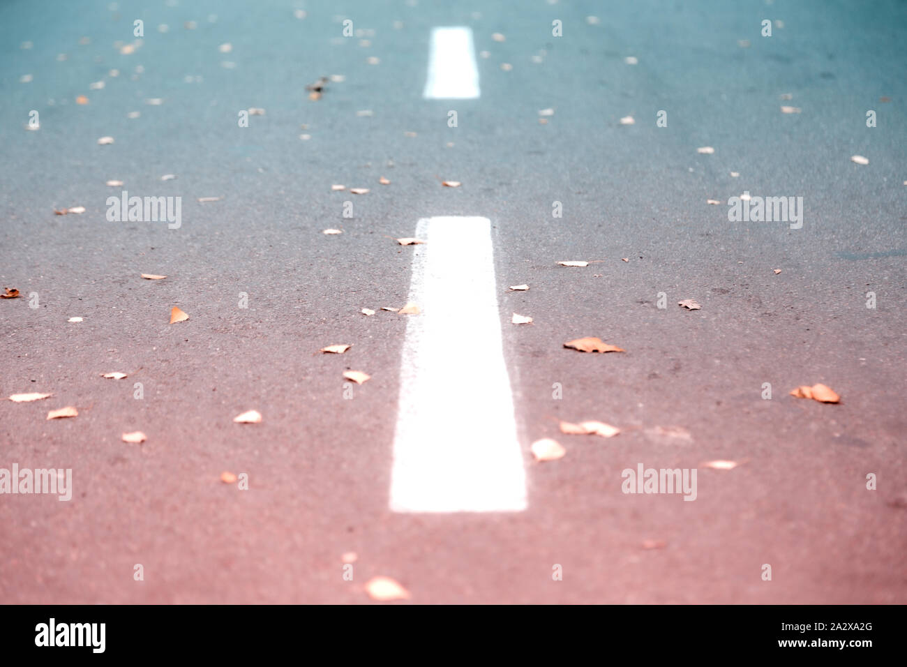 White road strip marking on asphalt. Background and texture with teal ...