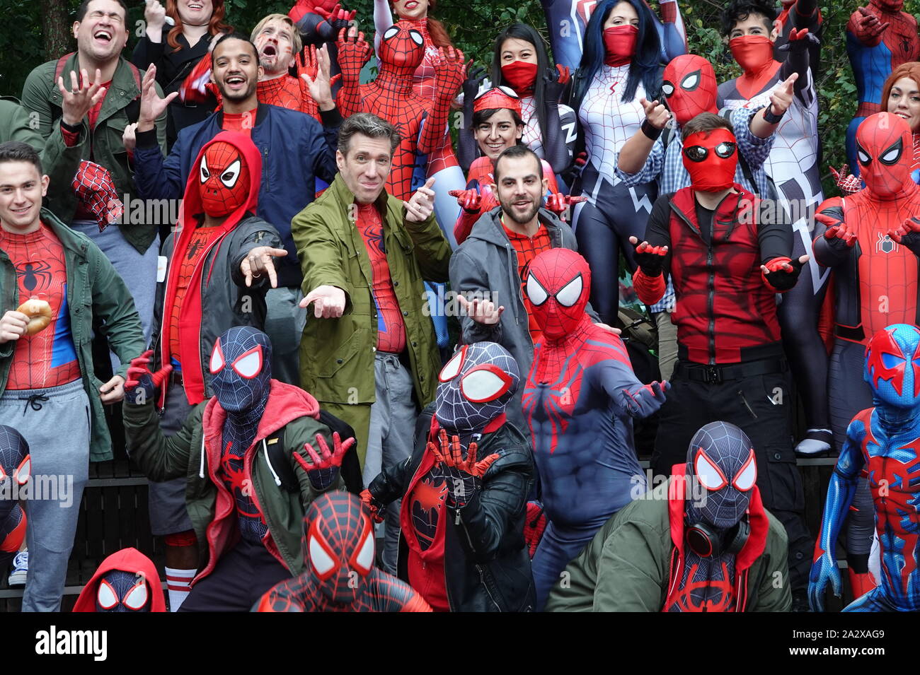 New York, USA. 3rd Oct, 2019. People in Spider-Man's costumes pose for ...