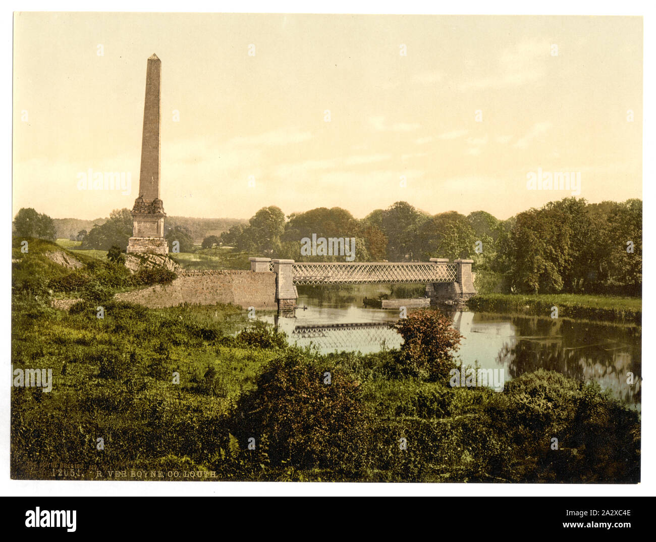 River Boyne. County Louth, Ireland; Print shows the Boyne obelisk ...