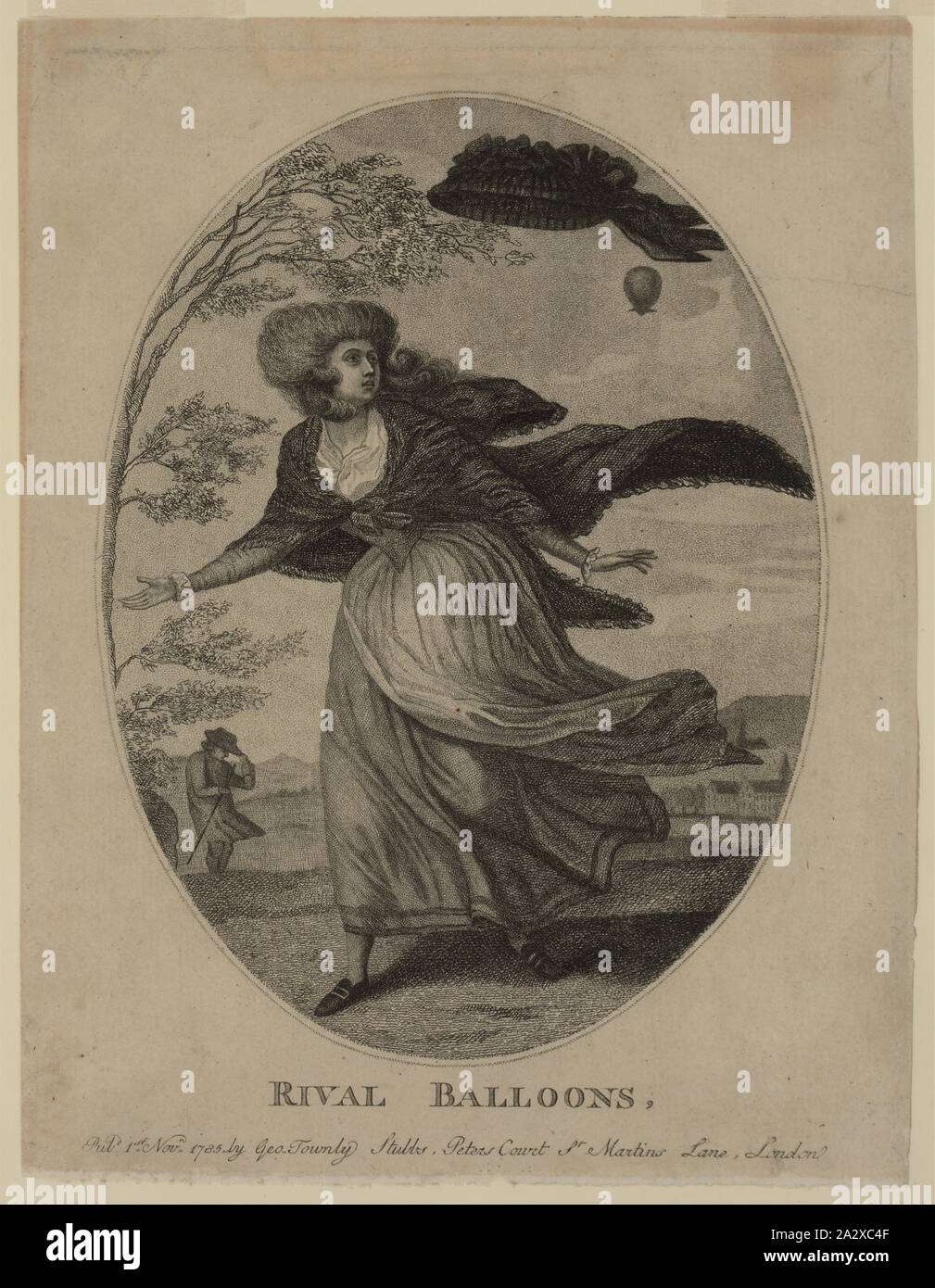 Rival balloons; British cartoon shows how on a windy day a woman's hat ...