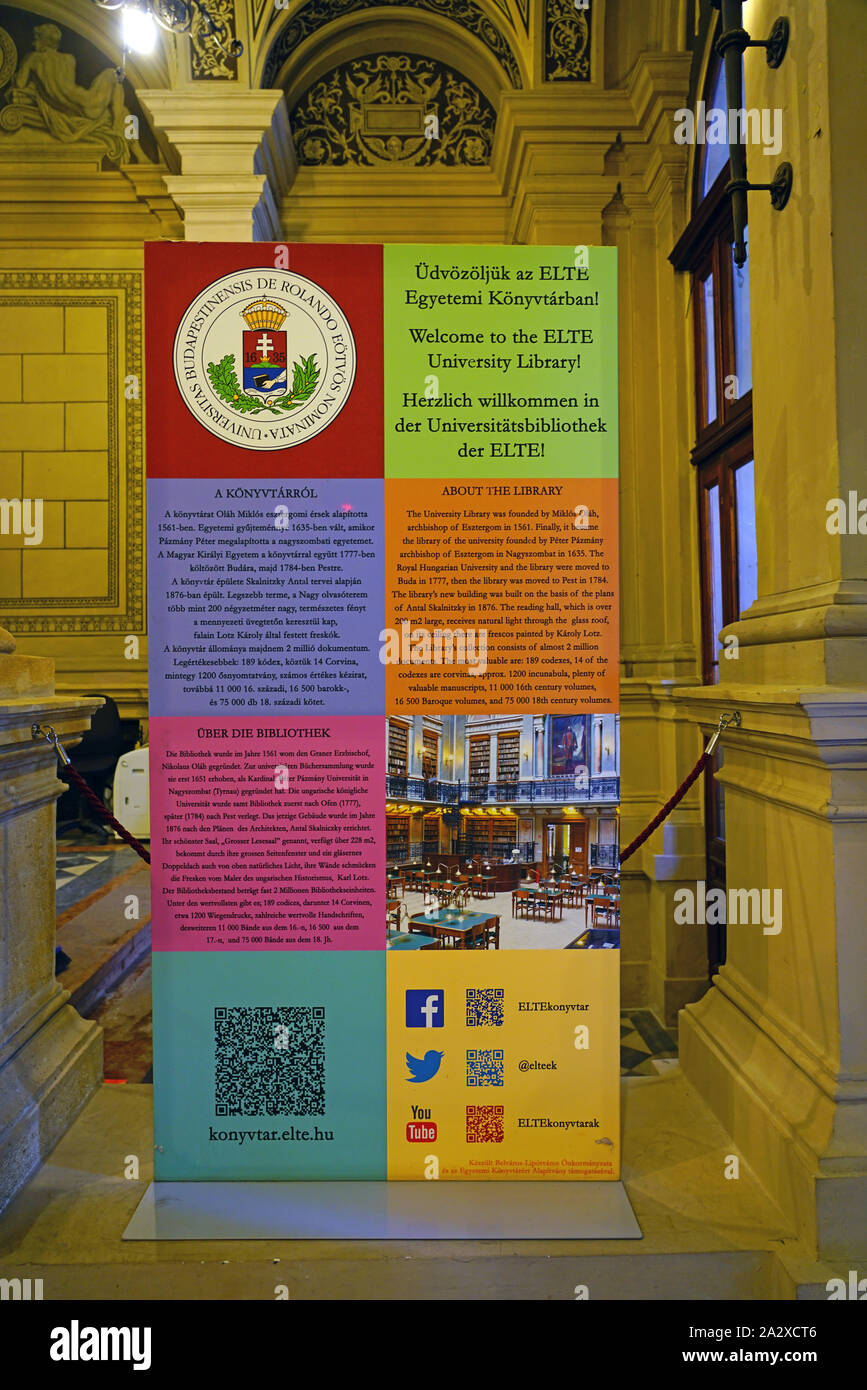 BUDAPEST, HUNGARY -27 MAY 2019- View of the landmark University Library ...