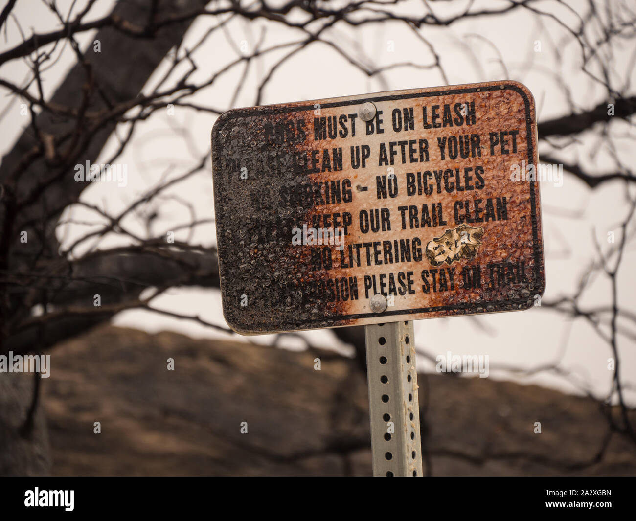 A burnt sign in a park from recent wildfire Stock Photo - Alamy