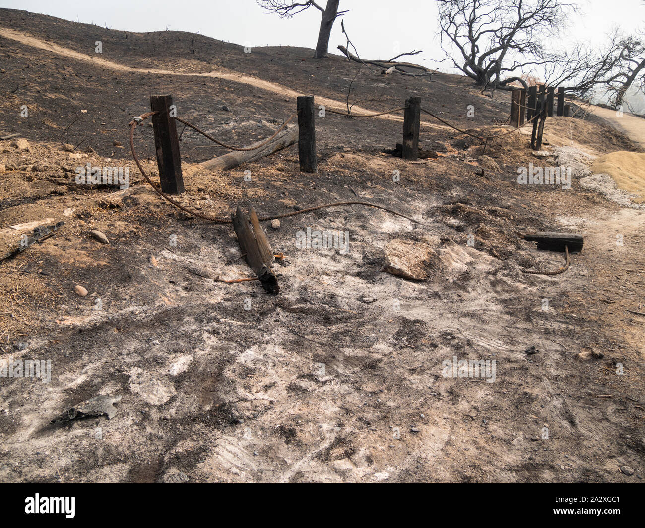 A charred and severely damaged post fence in public park Stock Photo ...