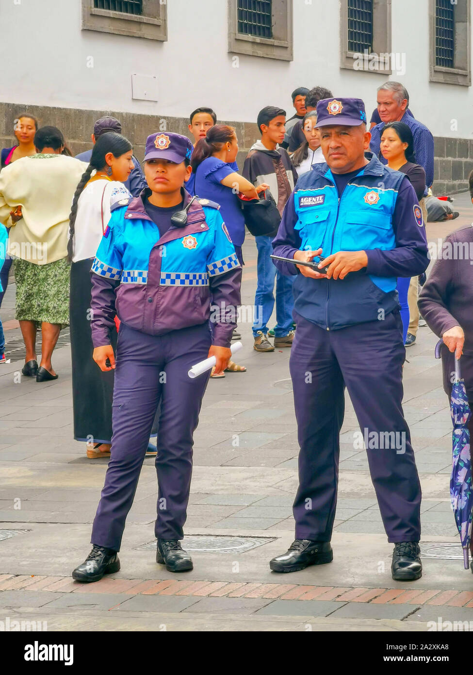 Quito, Ecuador, September 29, 2019: Police guarding the historic centre ...