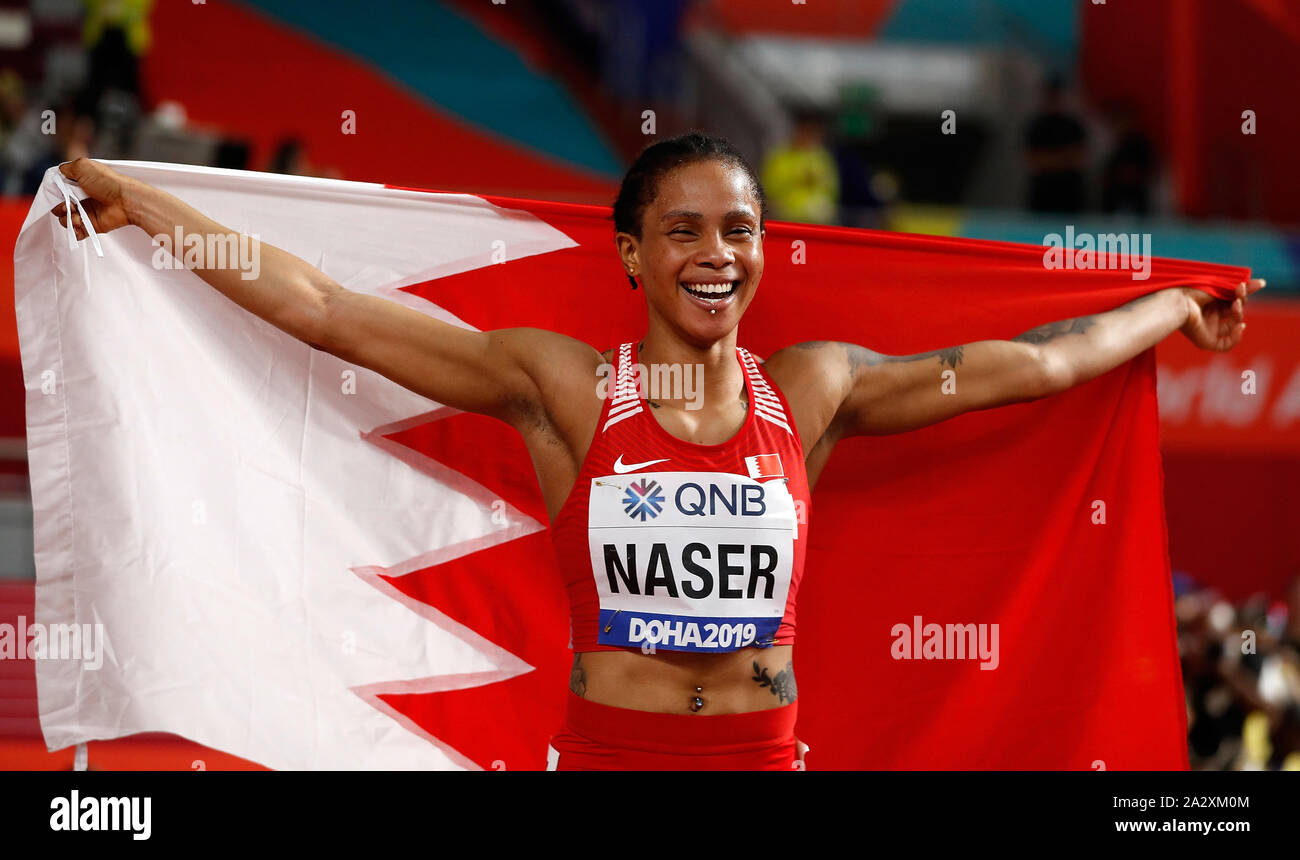 Doha, Qatar. 3rd Oct, 2019. Salwa Eid Naser of Bahrain celebrates after ...