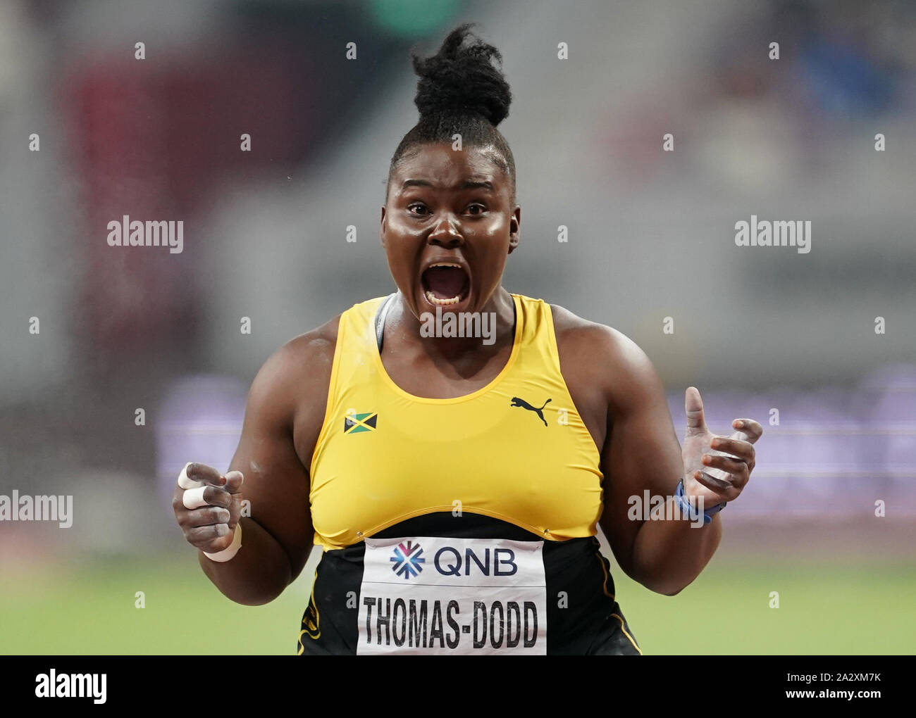 Doha, Qatar. 3rd Oct, 2019. Danniel Thomas-Dodd of Jamaica celebrates ...