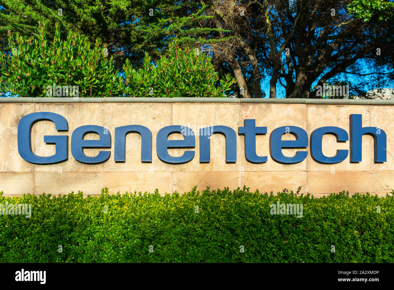 Genentech company sign at biotechnology corporation headquarters campus ...