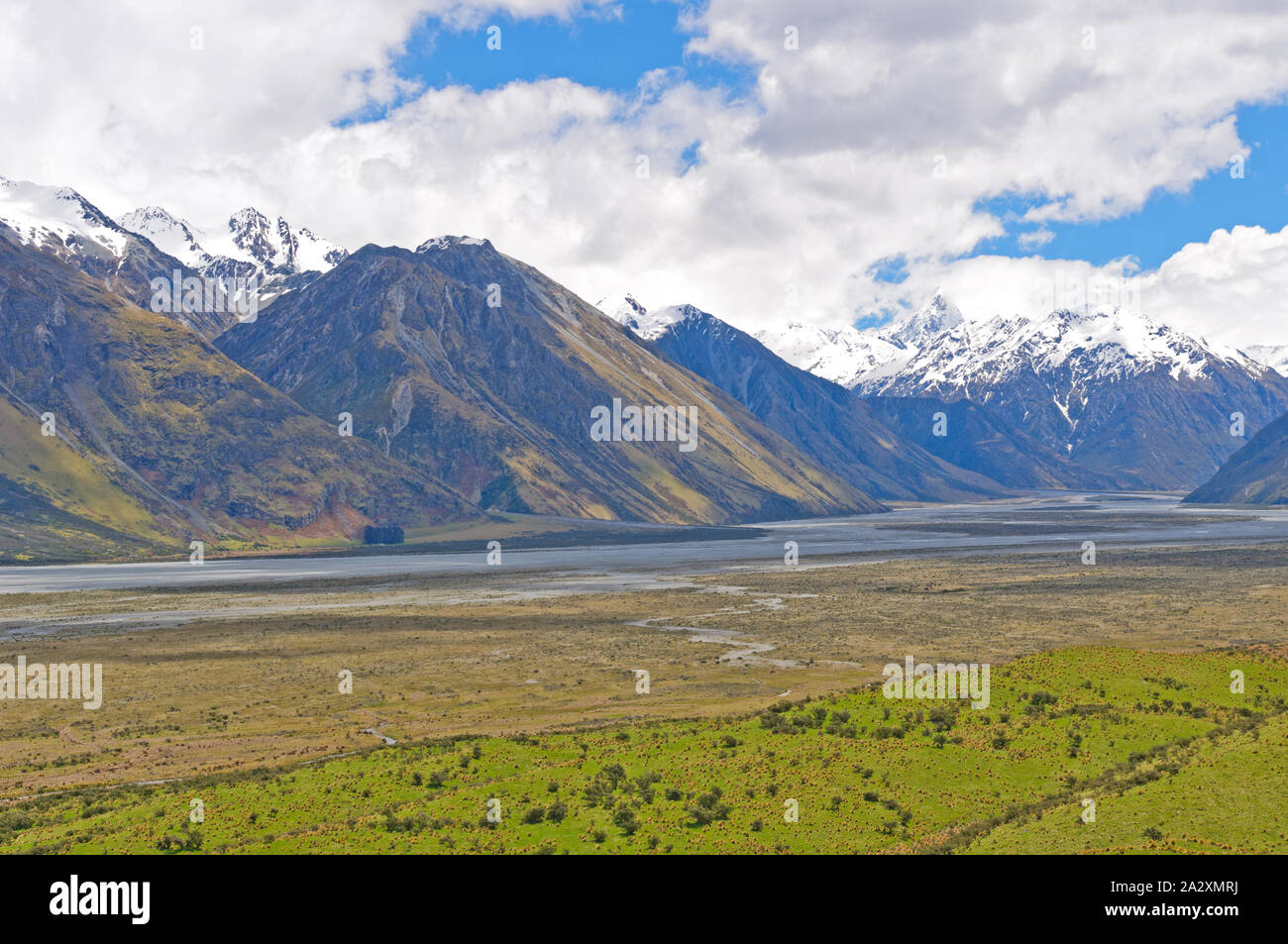 The Southern Alps viewed across the Rangitata Valley in New Zealand ...