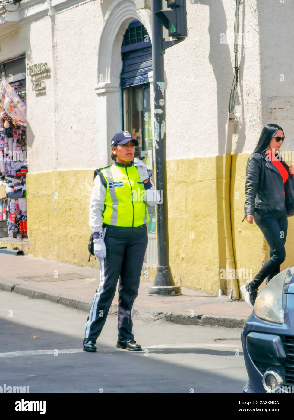 Quito, Ecuador, September 29, 2019: Police guarding the historic centre ...