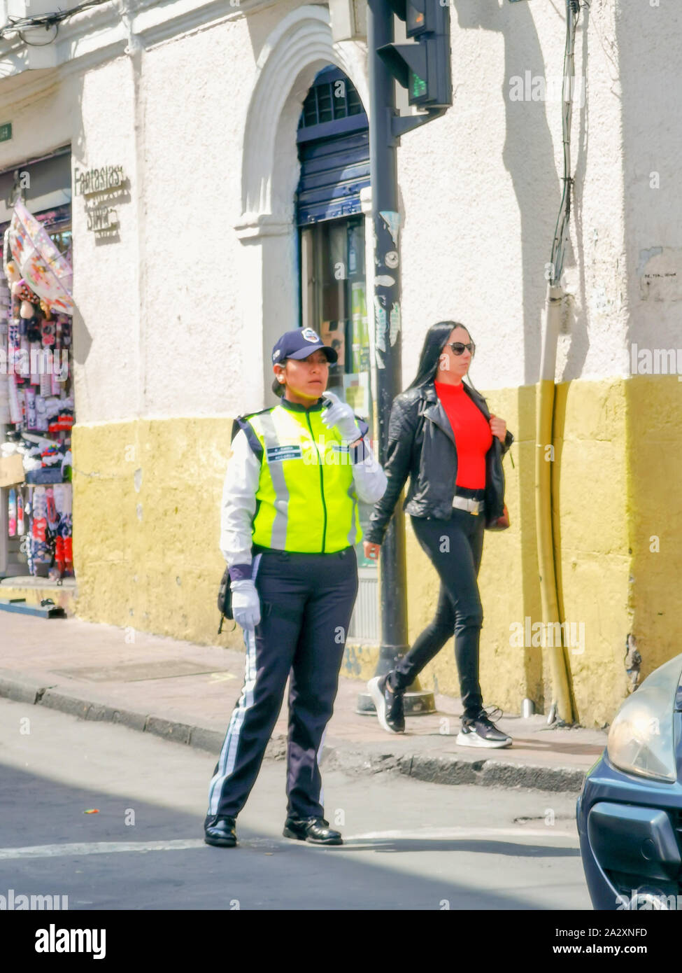 Quito, Ecuador, September 29, 2019: Police guarding the historic centre ...