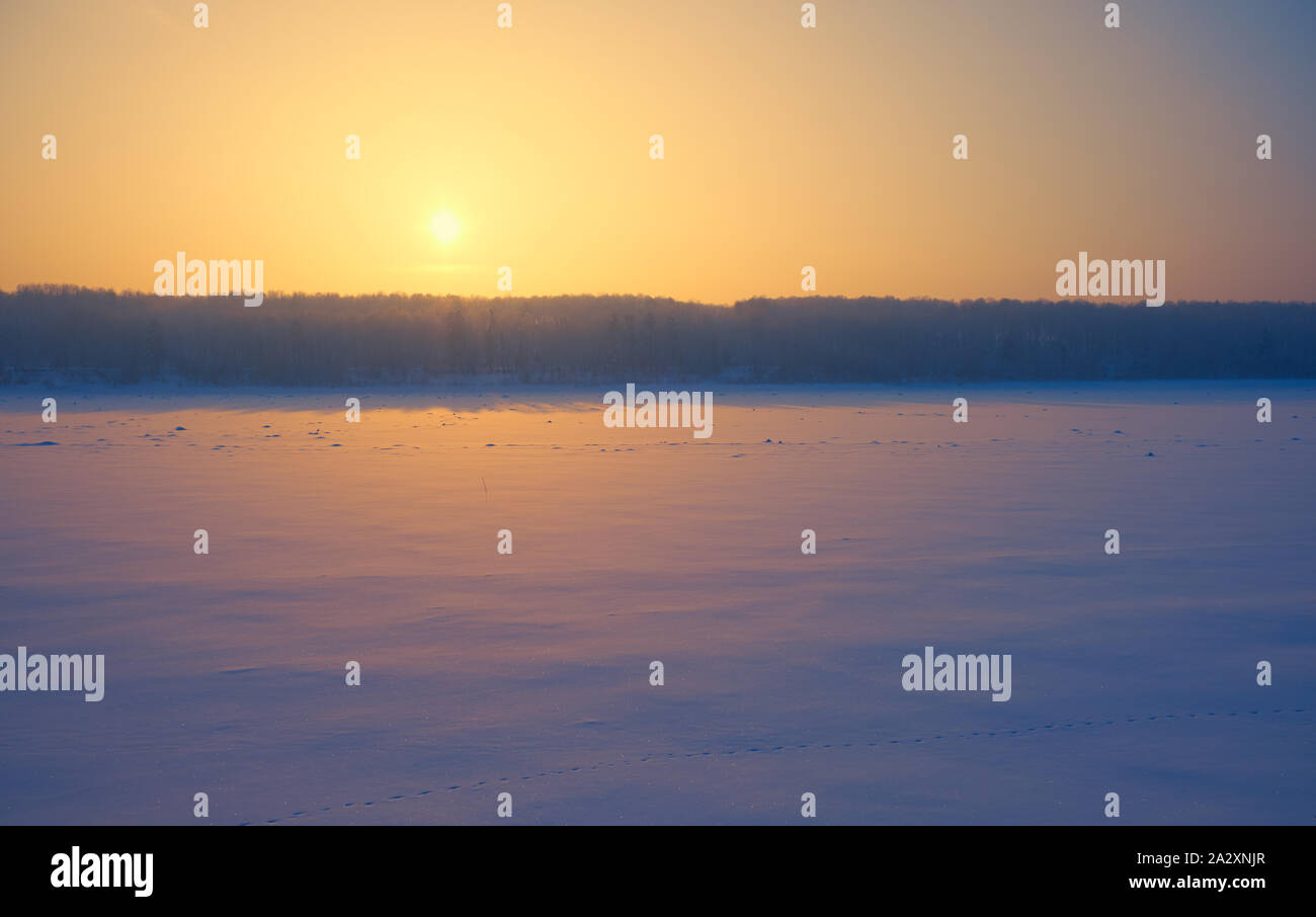 Sun over siberian forest and river Tom under the snow and ice at ...