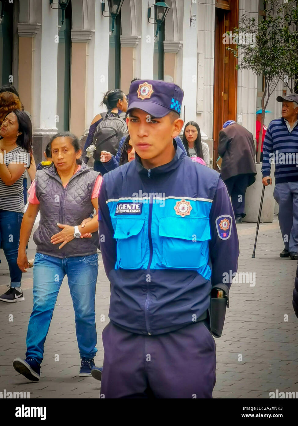 Quito, Ecuador, September 29, 2019: Police guarding the historic centre ...