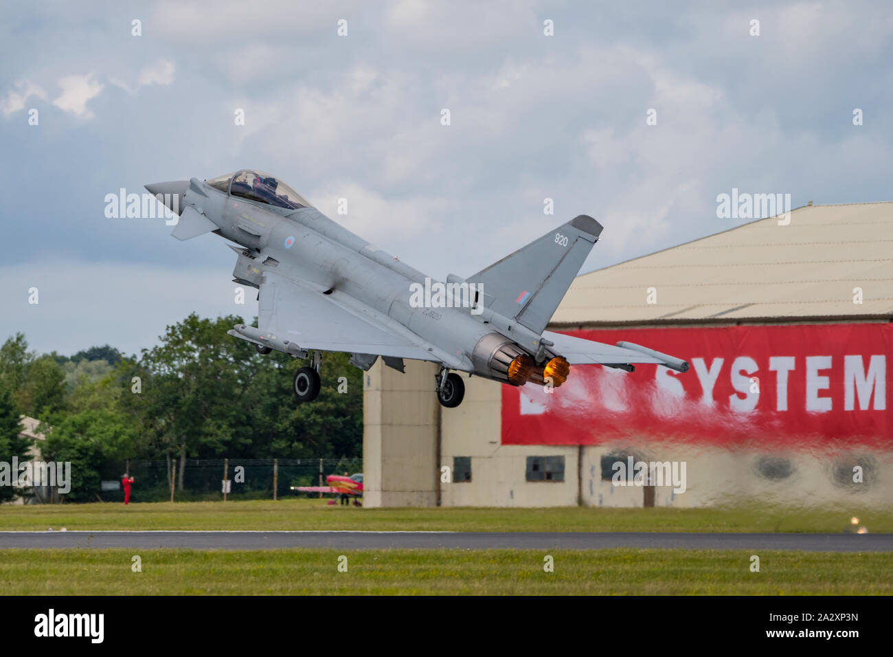 A Royal Air Force Eurofighter Typhoon FGR4 fighter aircraft taking off for display at RIAT 2019 ...